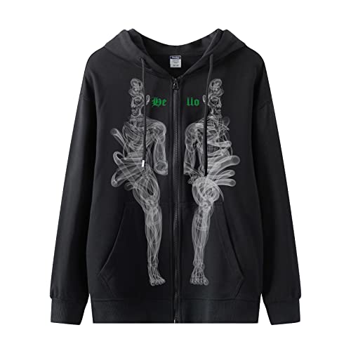 Weetiotio Halloween Vintage Skeleton Zip Up Hoodies for Women Aesthetic Cyber Y2k Goth Jacket Grunge Skull Coat Streetwear (Black,M,Medium)