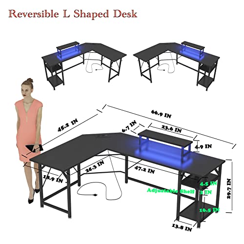 SZXKT L Shaped Computer Desk with Monitor Stand and Power Outlets,Gaming Desk with Storage Shelf and LED Lights,Home Office Reversible Corner with Hooks (Black)