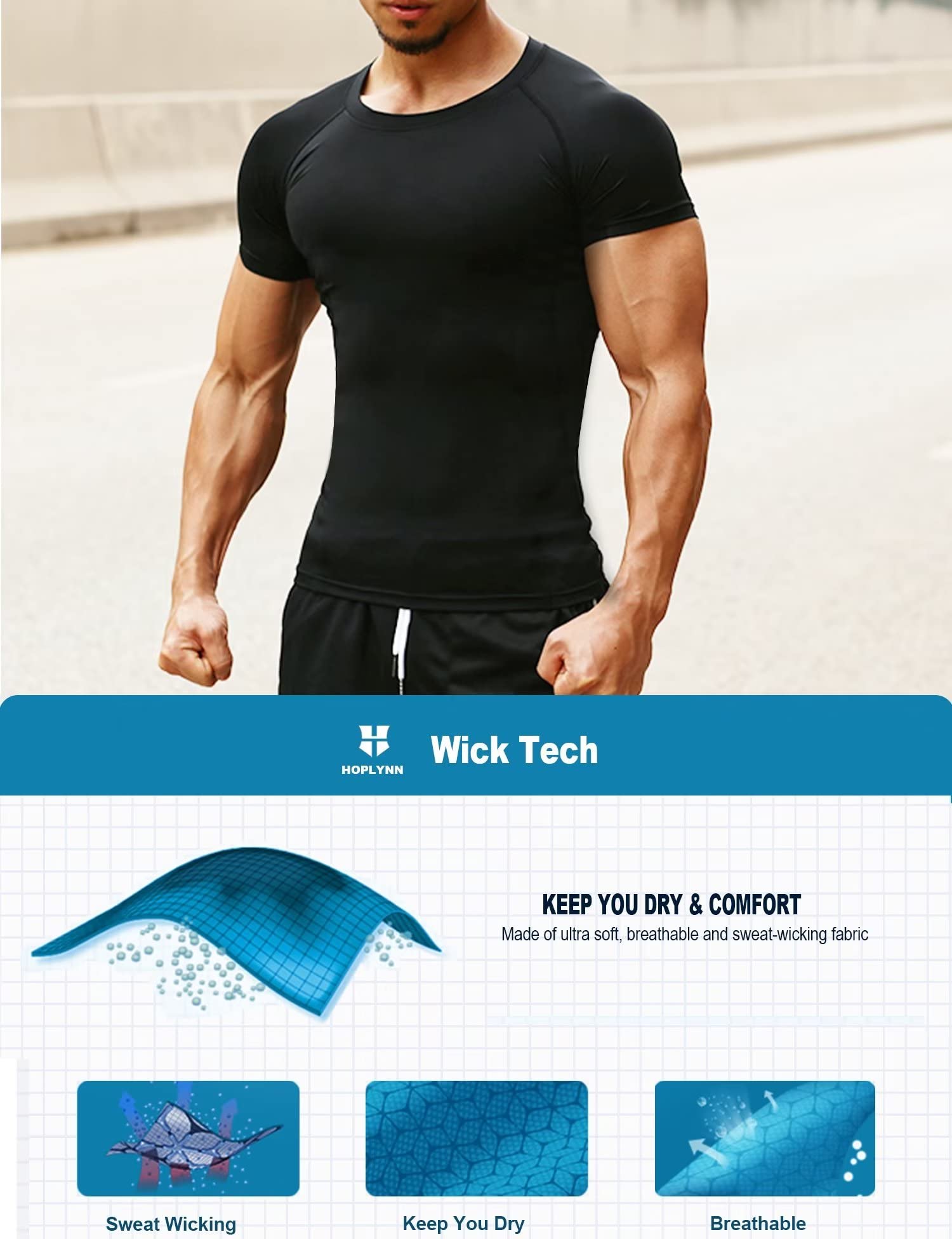 HOPLYNN 6 Pack Compression Shirts Men Short Sleeve Rash Guard Base Layer Athletic Undershirt Gear T-Shirt for Sports Workout 2 Black 2 White 2 Blue-L
