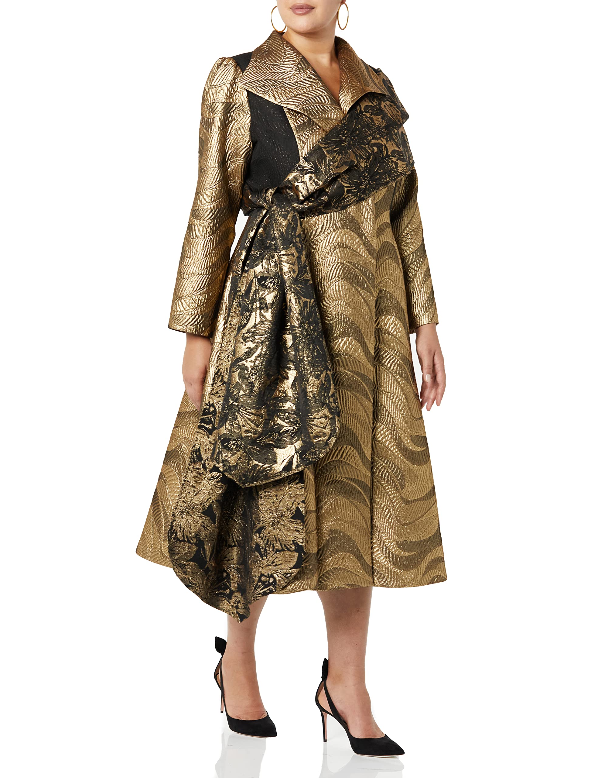Making the Cut Women's standard Metallic Jaquard Coat & Scarf, Gold, L