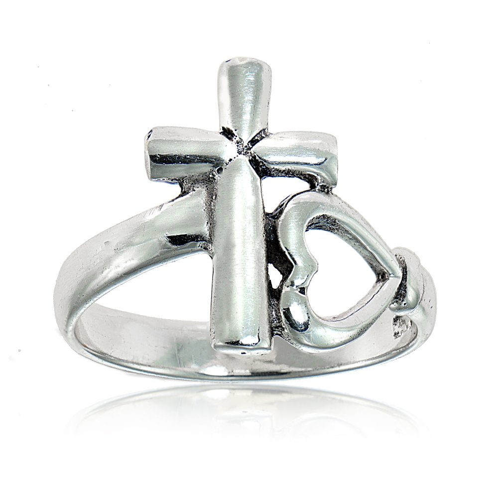 Hoops & Loops 925 Sterling Silver Cross and Sideways Heart Statement Fashion Christian Spiritual Ring for Women Men Teen Girls, Size 8