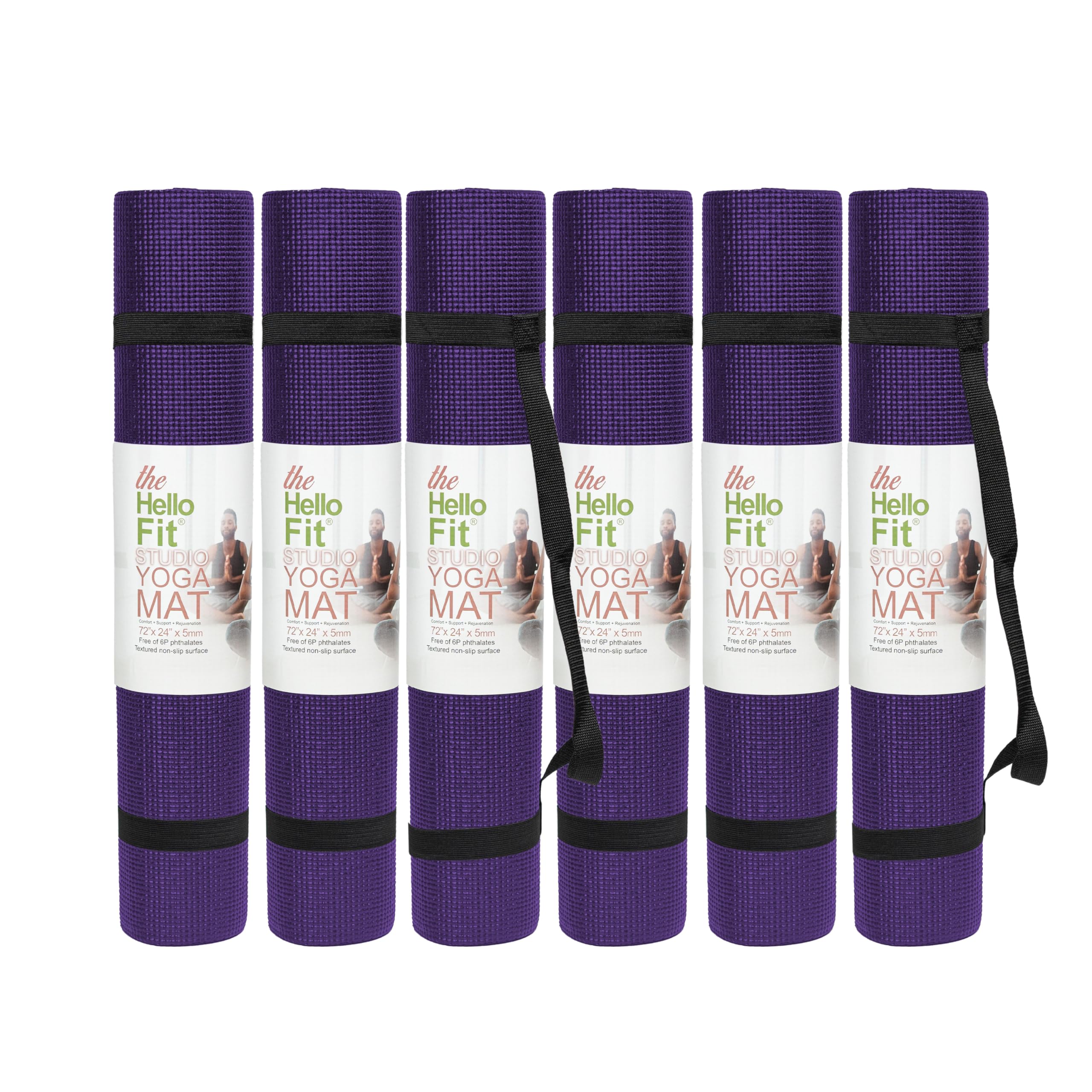 Hello Fit Studio Extra Thick Yoga Mat With Carrying Strap, 6 Pack, 72" x 24" Extra Long Exercise Mat, 5mm Bulk Yoga Mats for Schools, Studios, or Gyms, Non Slip Fitness Mat, Purple