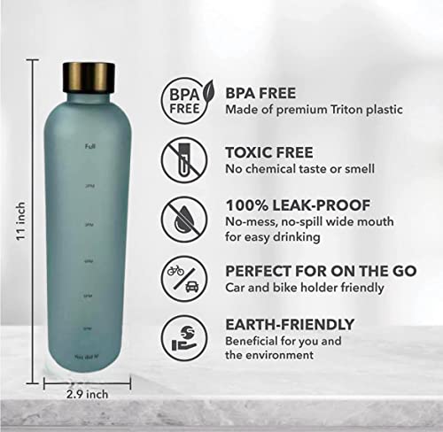 Water Bottle With Time Marker 32 OZ 1 Liter Motivational Reusable Water bottles BPA Free copper bottle (BLUE)