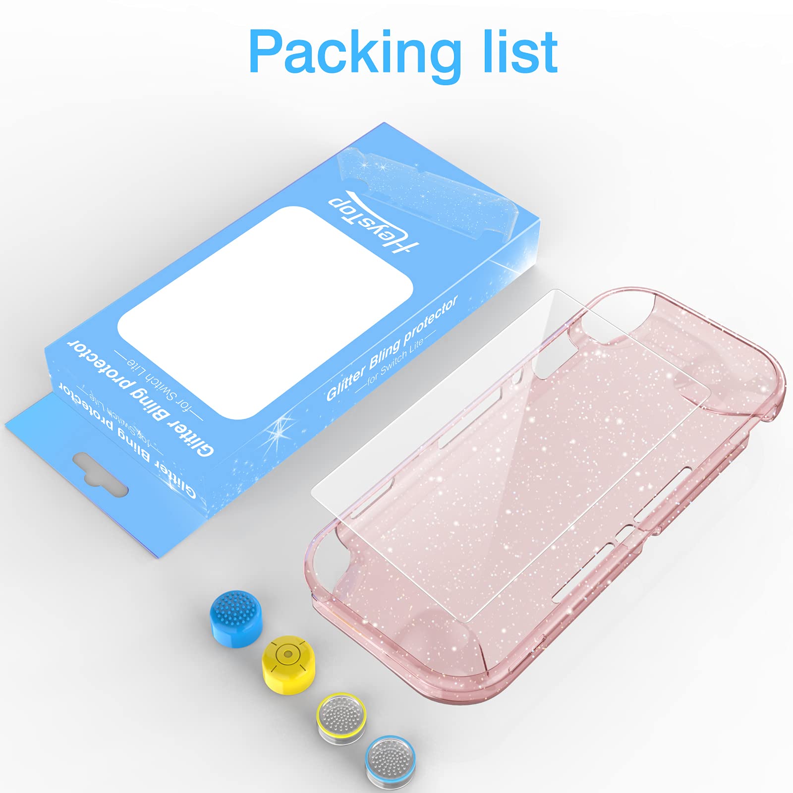 HEYSTOP Switch Lite Pink Cover Case for Girls, Glitter Bling TPU Protective Case with HD Tempered Glass Screen Protector and Thumb Grips with Shock-Absorption/Anti-Scratch Design - Glitter Bling