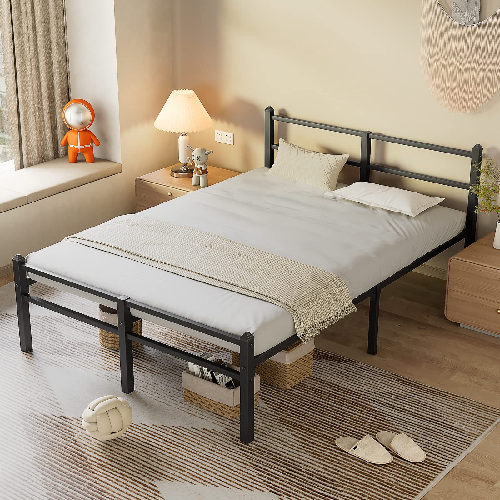 GreenForest Queen Bed Frame with Headboard Easy Assemble, 14 inch Heavy Duty Metal Platform Queen Size Bed Base with Storage No Box Spring Needed Mattress Foundation, Noise Free, Black
