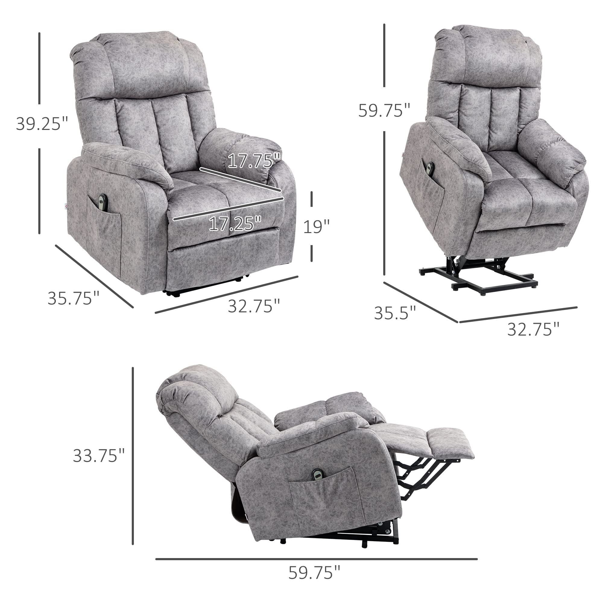 HOMCOM Power Lift Chair, Electric Recliner for The Elderly, Compact Living Room Chair with Side Pocket & Remote Control, Gray