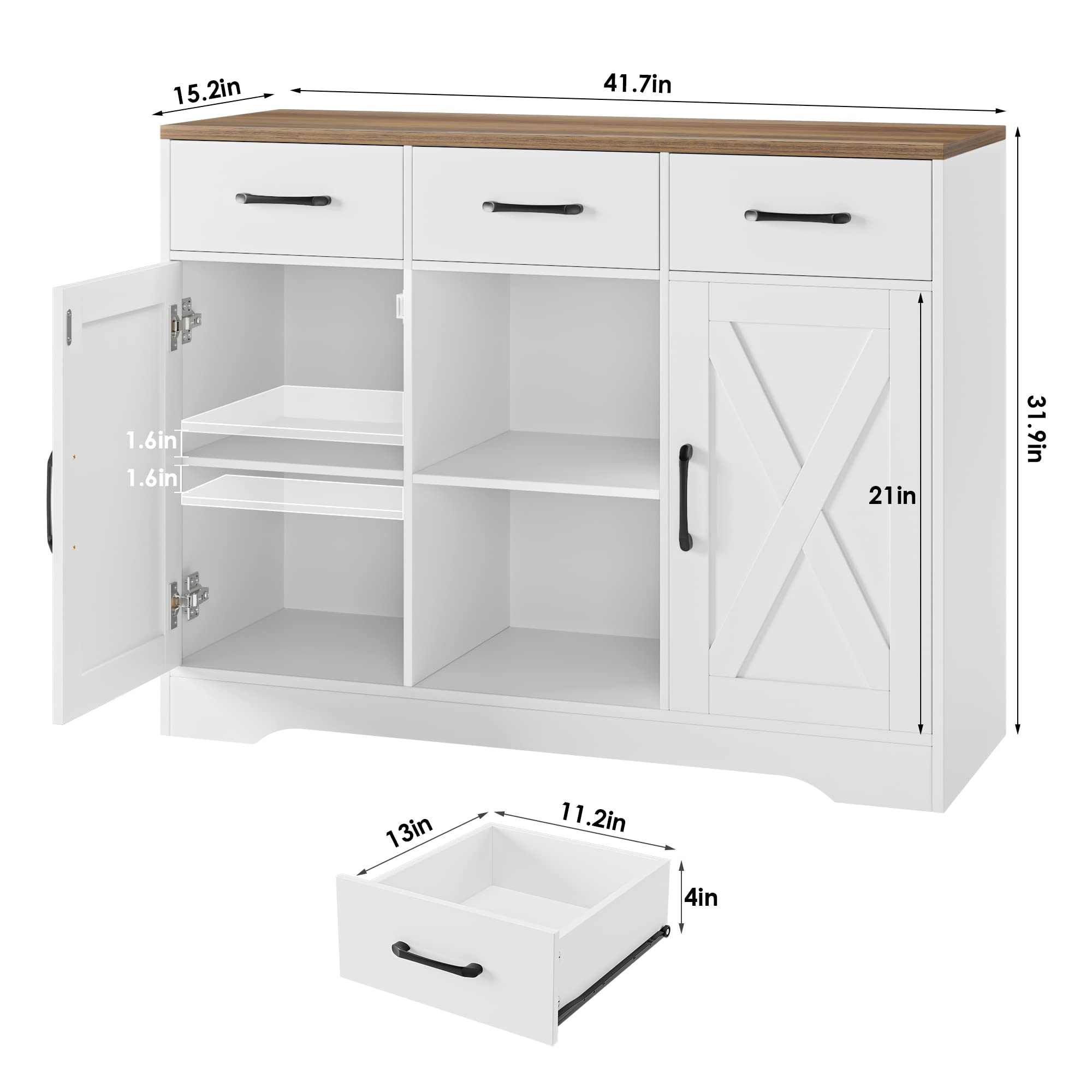HOSTACK Modern Farmhouse Buffet Cabinet with Storage, Barn Doors Sideboard Buffet Storage Cabinet with Drawers and Shelves, Wood Coffee Bar Cabinet for Kitchen, Dining Room, Living Room, White