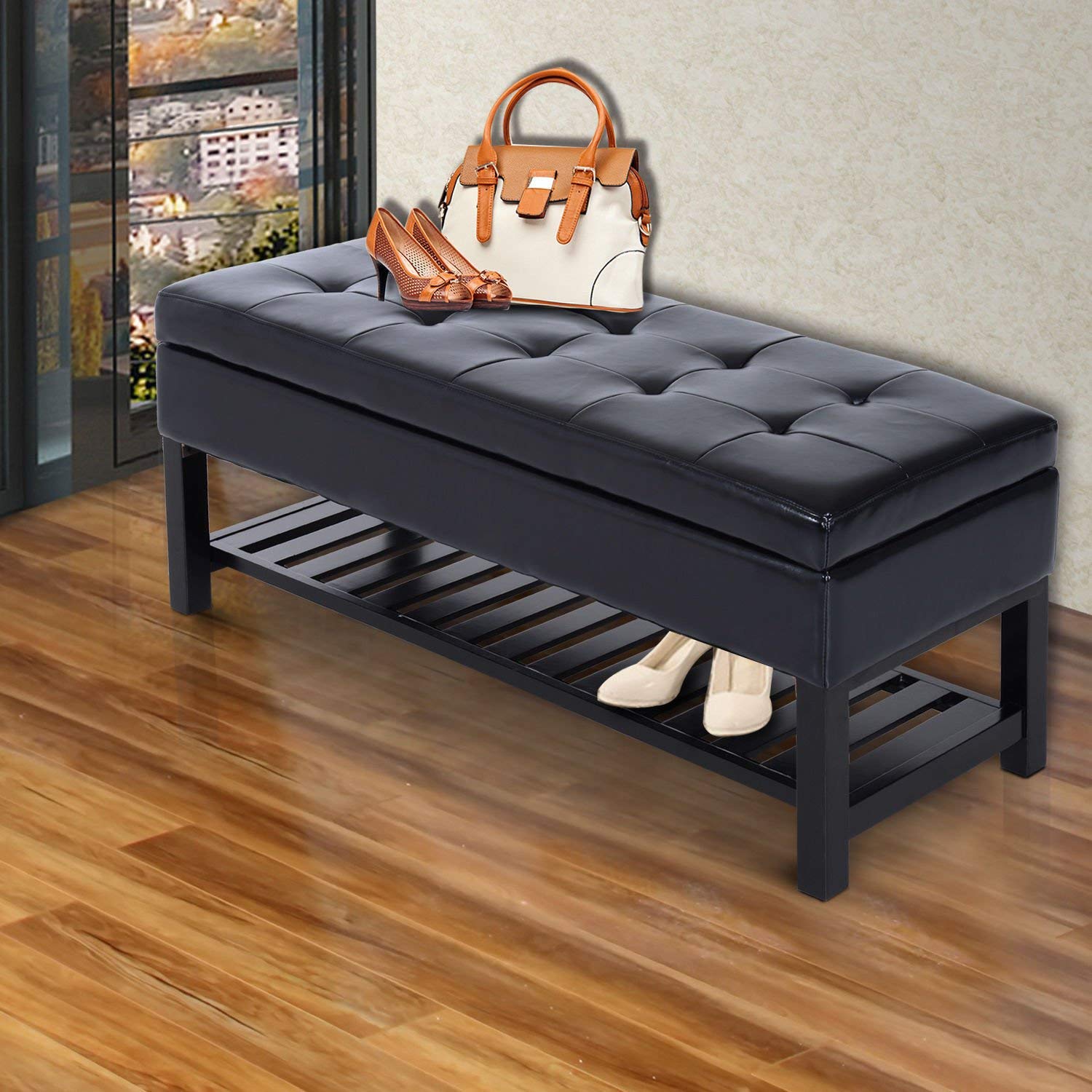 HOMCOM 44" Tufted Faux Leather Ottoman Storage Bench with Shoe Rack - Black