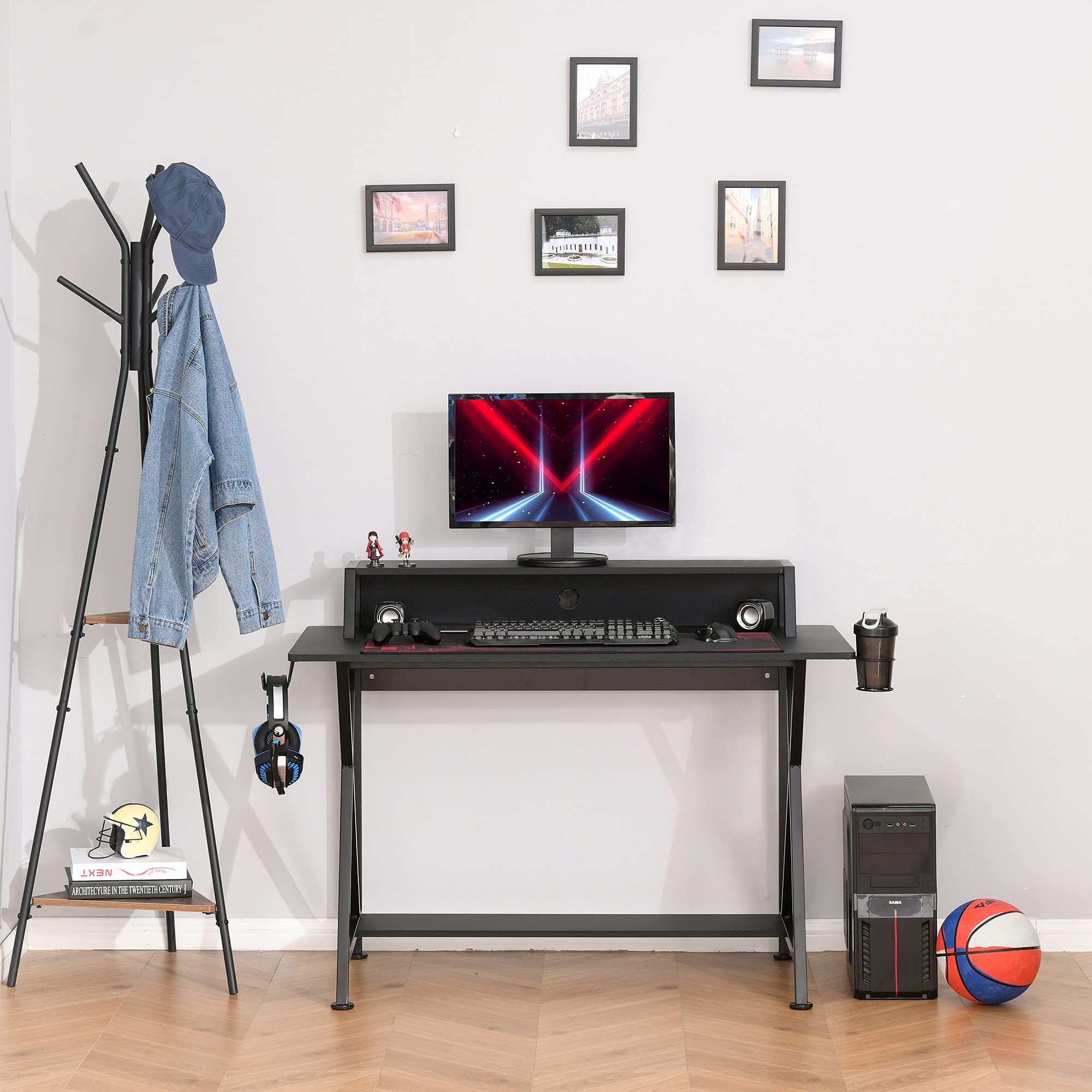 HOMCOM Racing Gaming Desk Carbon Fiber Style Computer Table with Elevated Monitor Shelf, Headphone Hook and Cup Holder, Black