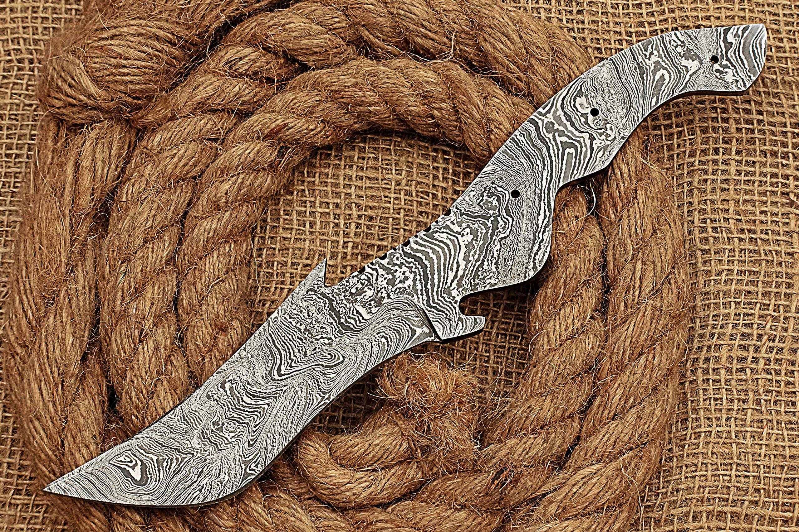 HUNTEX Custom Handmade Hand-Forged Twist Pattern Damascus Steel 10.5 Inch Long Full Tang Razor Sharp Camping Hunting DIY Blank Blade Gut Hook Knife for Knife Making