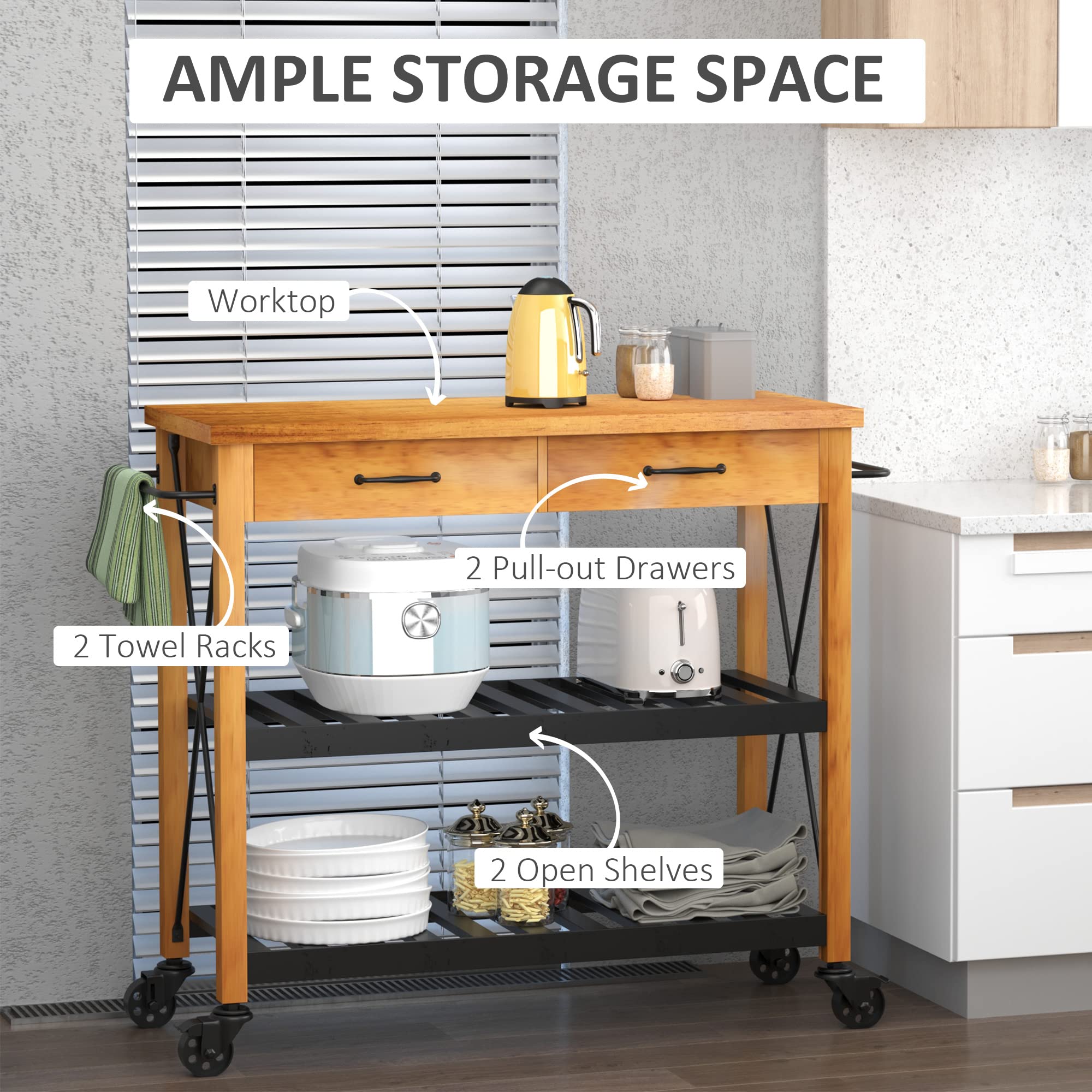 HOMCOM 46" Kitchen Island Cart Rolling Utility Cart with 2 Drawers, Open Storage Shelves & Handle Racks