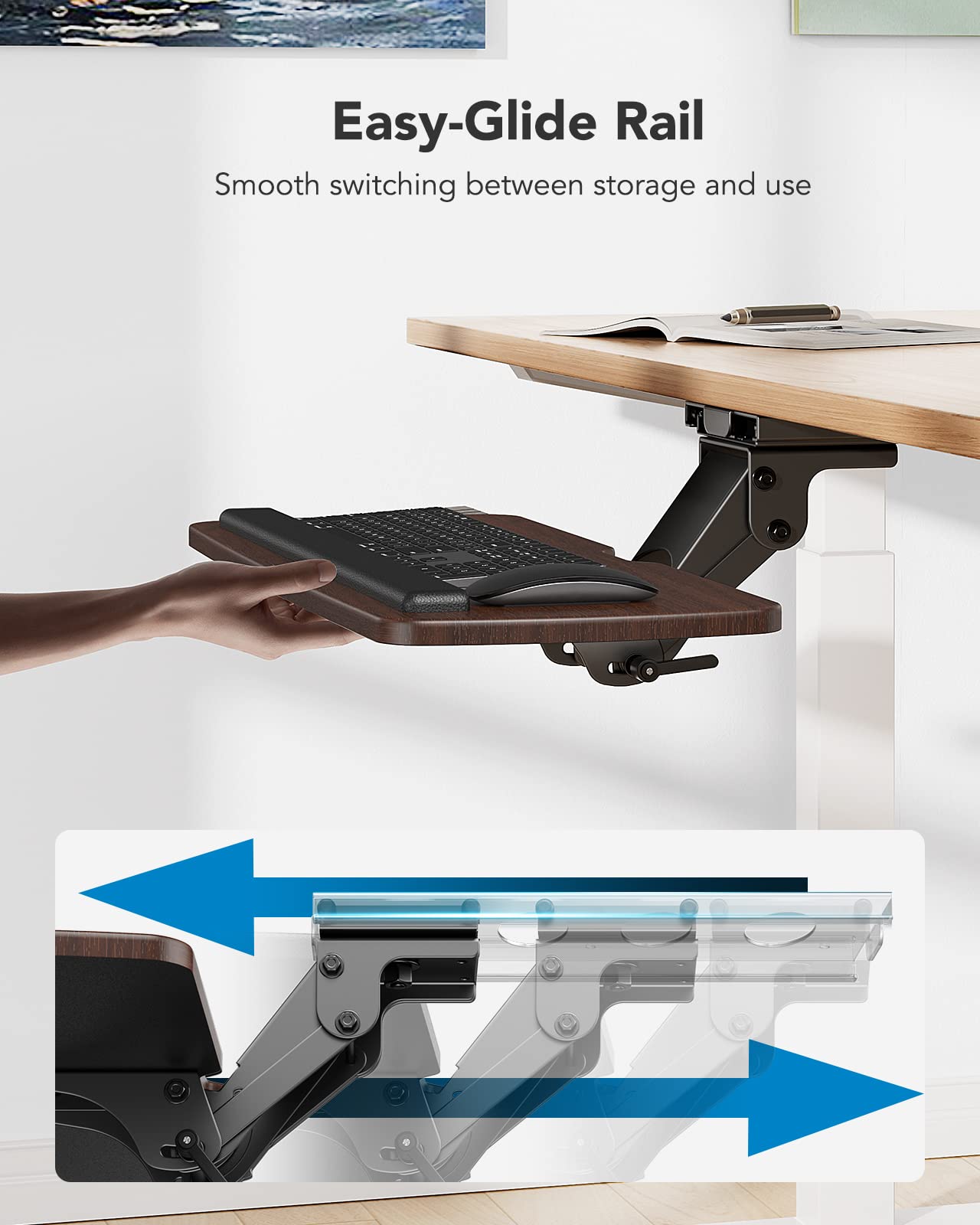 HUANUO Keyboard Tray Under Desk,360 Adjustable Ergonomic Sliding Keyboard & Mouse Tray, 25" W x 9.8" D, Brown