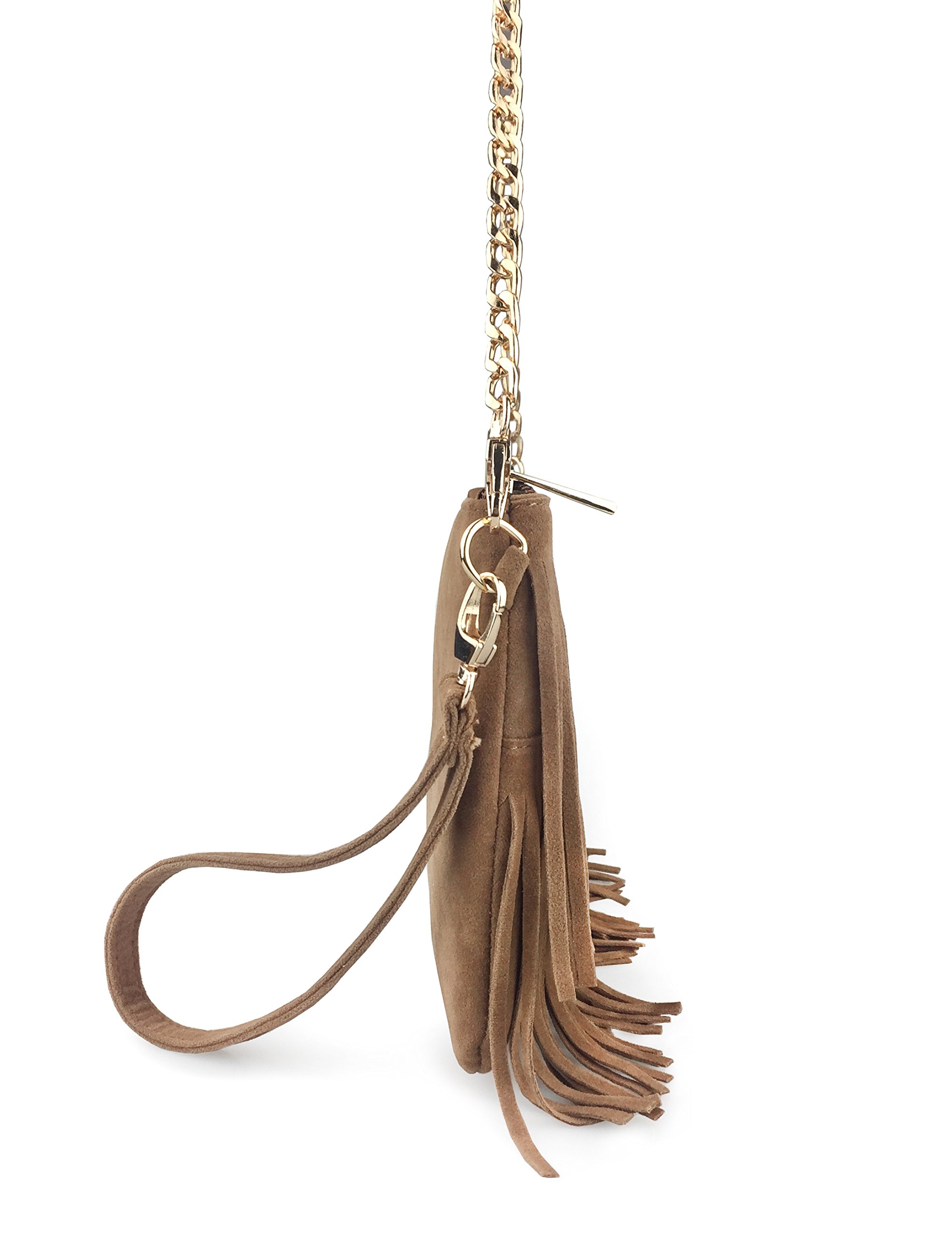 HOXIS Fringe Cross Body Bag Womens Small Shoulder Bag Top Zip Wristlet Brown