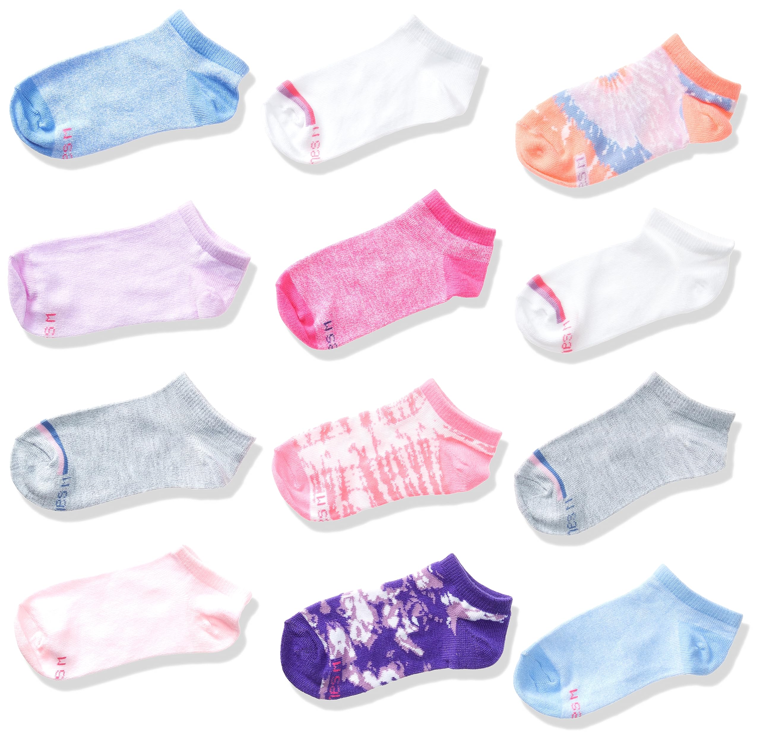 Hanes Girls' Big, Ankle and No Show Fashion, Soft Socks, 12-Pack, Tie Dye Assortment-12 Pack, Small