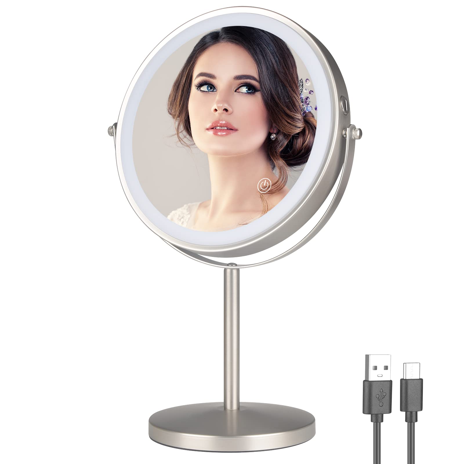 Rechargeable 8 inch Desktop Vanity Mirror with Light,3 Colors 1X/10X Table Lighted Makeup Mirror with 360° Rotation Touch Screen,LED Dimmable Desk Lit Cosmetic magnifying Mirror Brushed Nickel