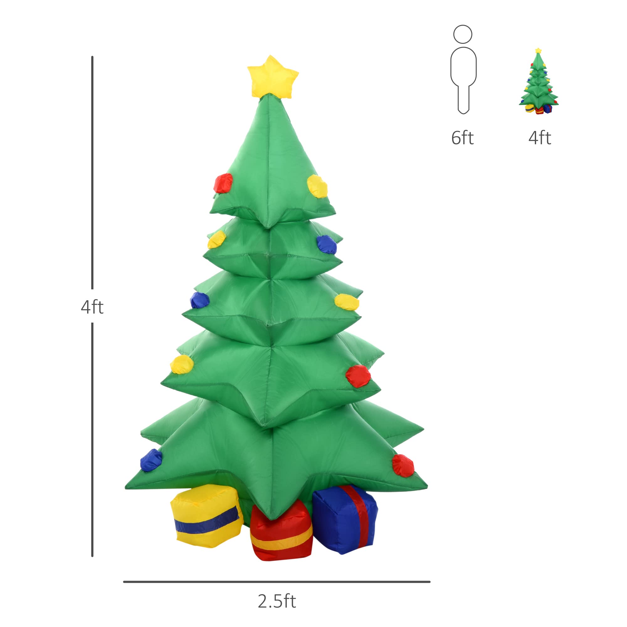 HOMCOM 4ft Christmas Inflatable Christmas Tree with Presents, Outdoor Blow-Up Yard Decoration with LED Lights Display