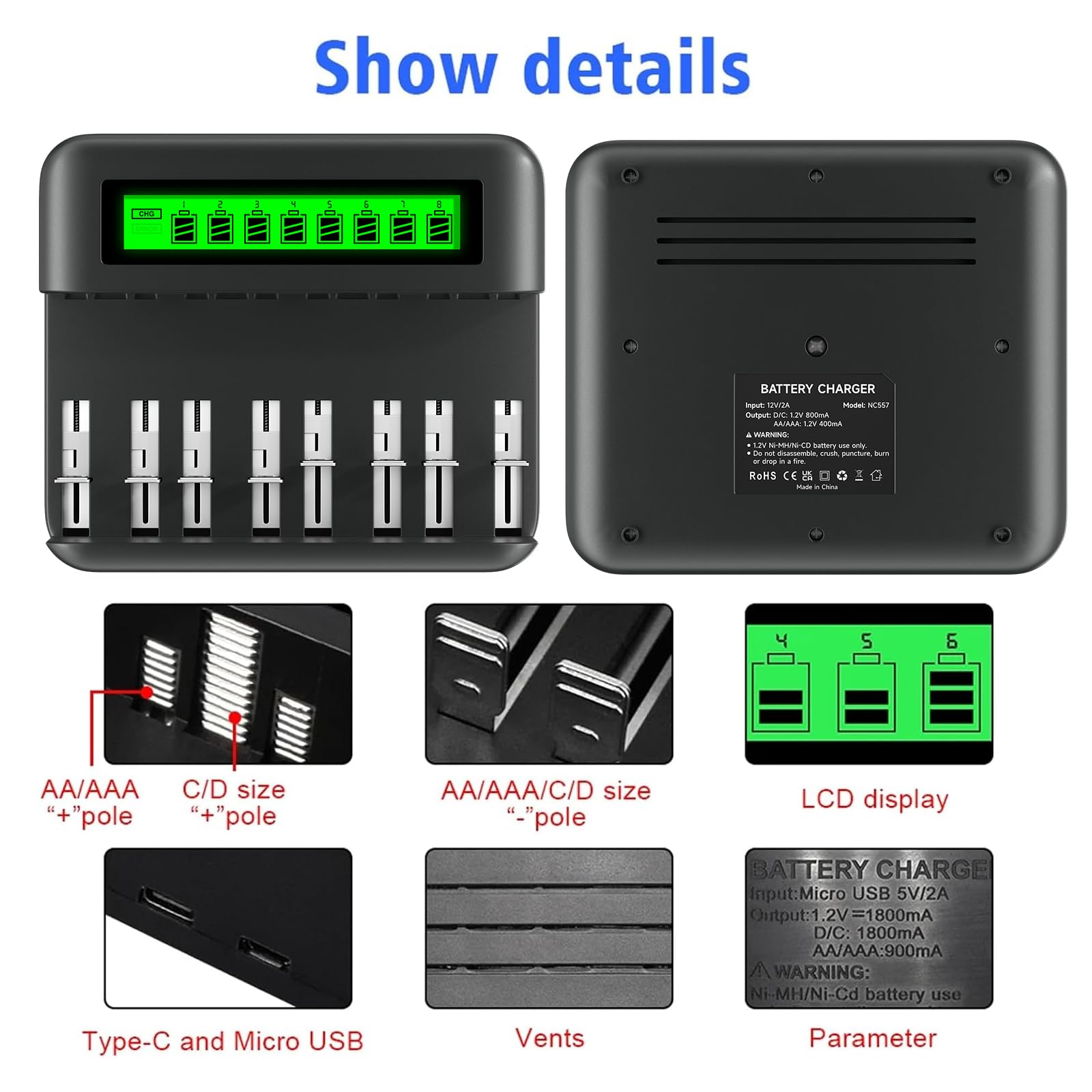 Rechargeable D Batteries with LCD Display Universal Battery Charger for AA/AAA/C/D 1.2V NI-MH NI-CD Rechargeable Battery(6 Pack )