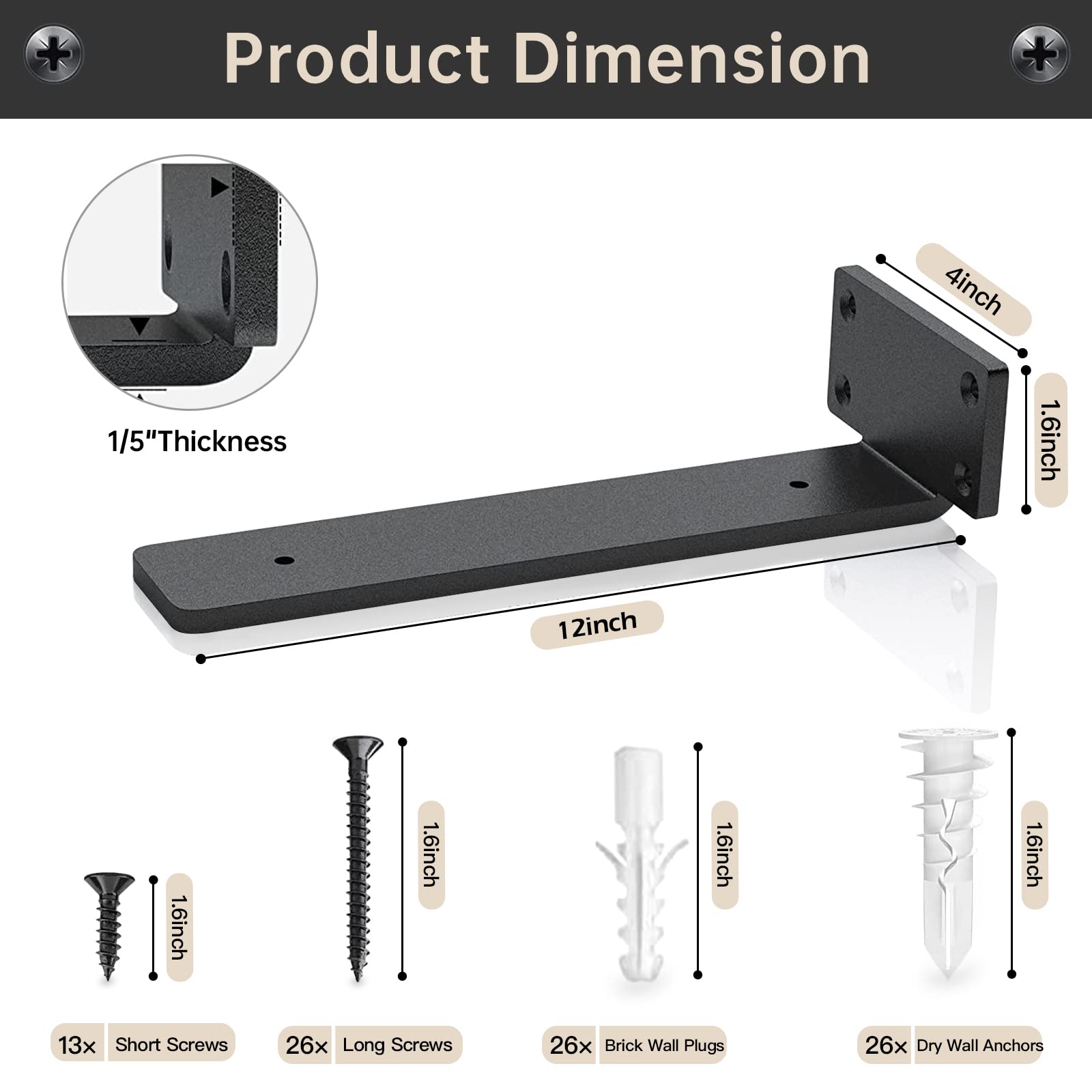 Heavy Duty Shelf Brackets 6 inch (1/5") Thick Metal Black, Floating Shelf Bracket, Hidden Wall Mounted L Shelf Bracket,Rustic Industrial Shelf Brackets with Modern Iron Finish (6inch - 6pack)