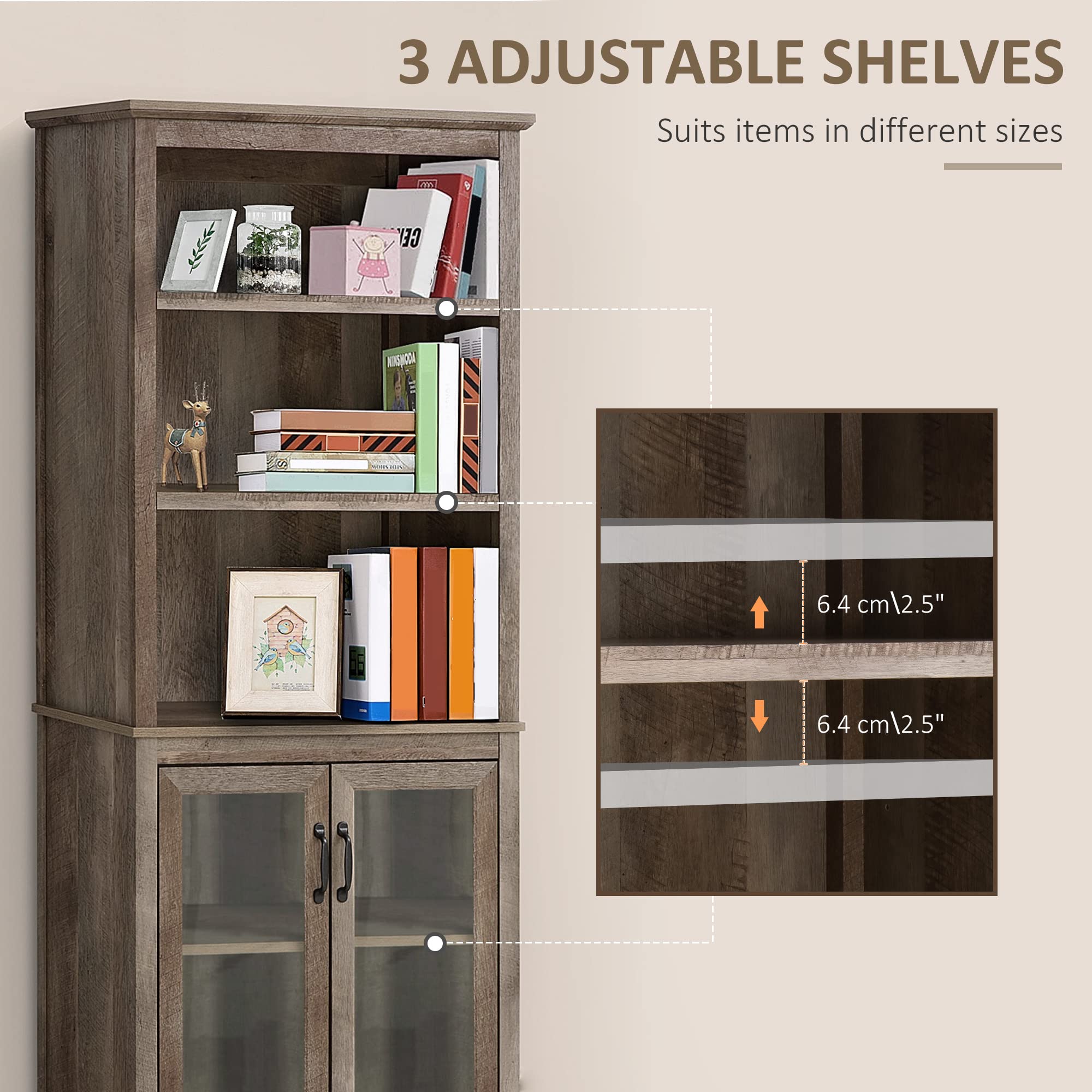 HOMCOM 71" Bookcase Storage Hutch Cabinet with Adjustable Shelves and Glass Doors for Home Office, Kitchen, Living Room, Natural Wood