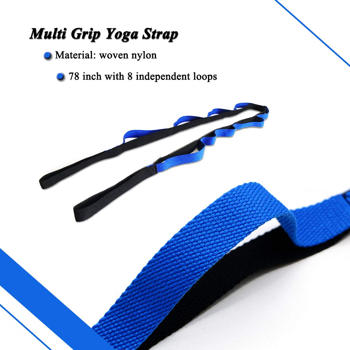 HOONSO Fitness Strap Exercise Stretching Straps 8 Loops Yoga Strap with Carrying Bag for Physical Therapy, Pilates, Home Workout, Blue