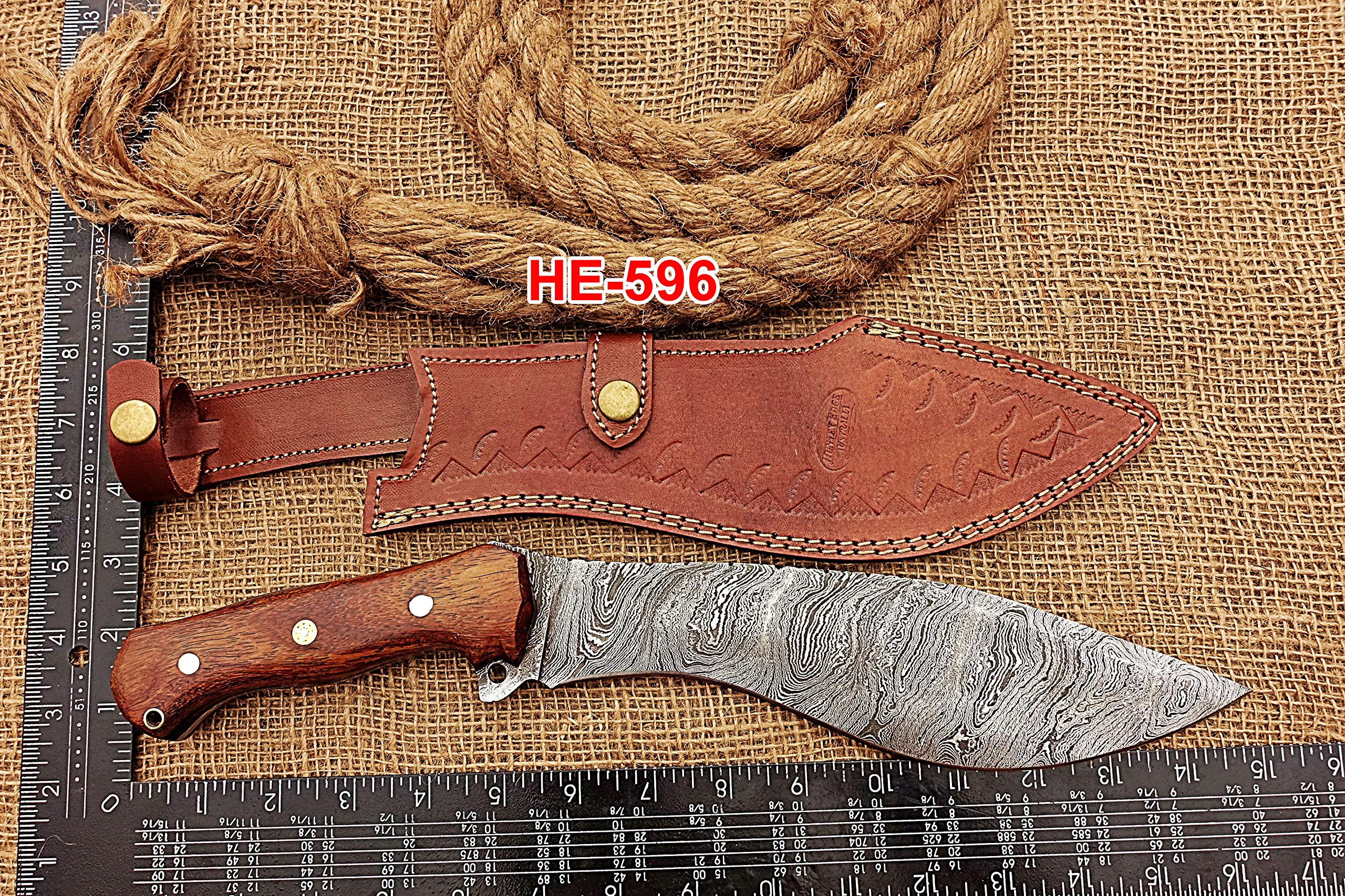 HUNTEX Handmade Hand-Forged Twist Pattern Damascus Steel 15 Inch Long Full Tang Natural Walnut Wood Handle Razor Sharp Hunting Camping Kukri Knife w/Genuine Leather Sheath