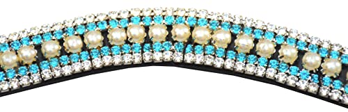 Saddles World Fancy Black Leather Center Light Blue & White Pearl with Clear Crystals Horse Bridle's Browband - Cob Size