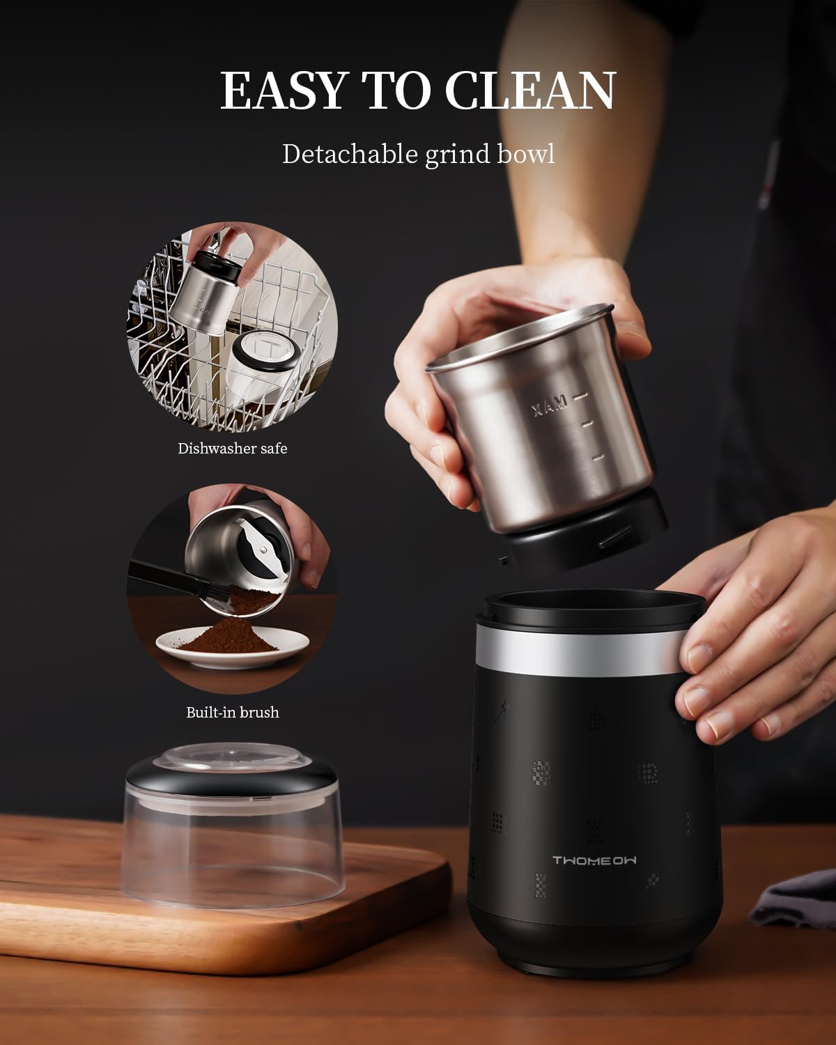 TWOMEOW Coffee Grinder, One Touch Spice Grinder Electric, Espresso Grinder, Coffee Bean Grinder with Removable Stainless Steel Bowl, Grain Mills for Spices, Herbs, Nuts, Black