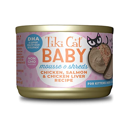 Tiki Cat Baby Mousse & Shreds, Chicken, Salmon, and Chicken Liver, High-Protein, Wet Cat Food for Kittens 4 Weeks+, 1.9 oz. Cans (Pack of 3)