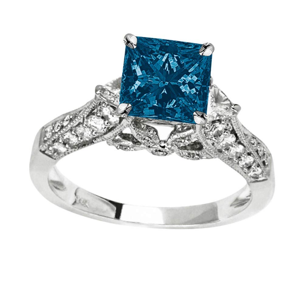 Houston Diamond District 1.88 Carat t.w 14K White Gold Trillian And Round Engagment Ring w/a 1 Carat Princess Cut Blue (Heirloom Quality)