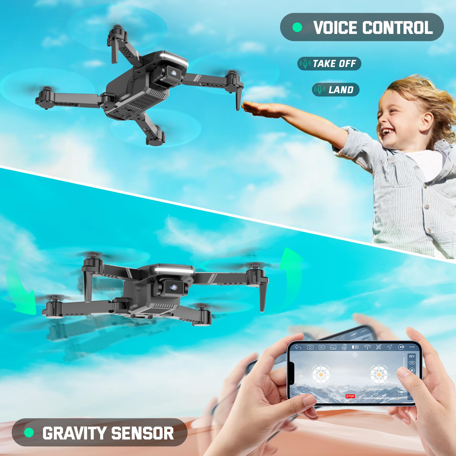 Heygelo S80 Drone with Camera for Adults, Foldable 1080P HD Mini Drones for Kids Beginners, Remote Control Helicopter Boys Toys/Gift with FPV Live Video, Full Guards, One Key Start, 2 Batteries