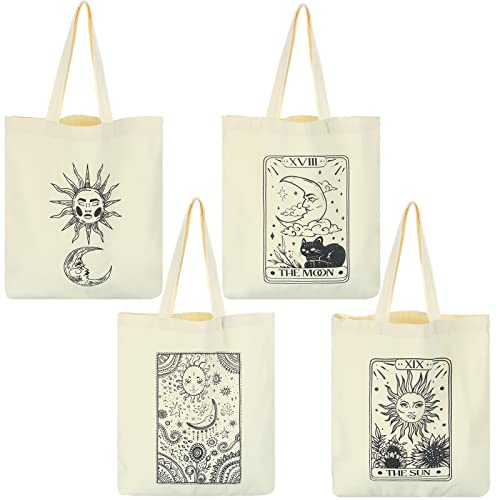 Sadnyy 4 Pieces Moon Canvas Tote Bags Modern Aesthetic Tote Bags Cute Tote Bags Vintage Women's Canvas Grocery Shopping Bags with Handles for Women Teacher Gift Graduation Gifts