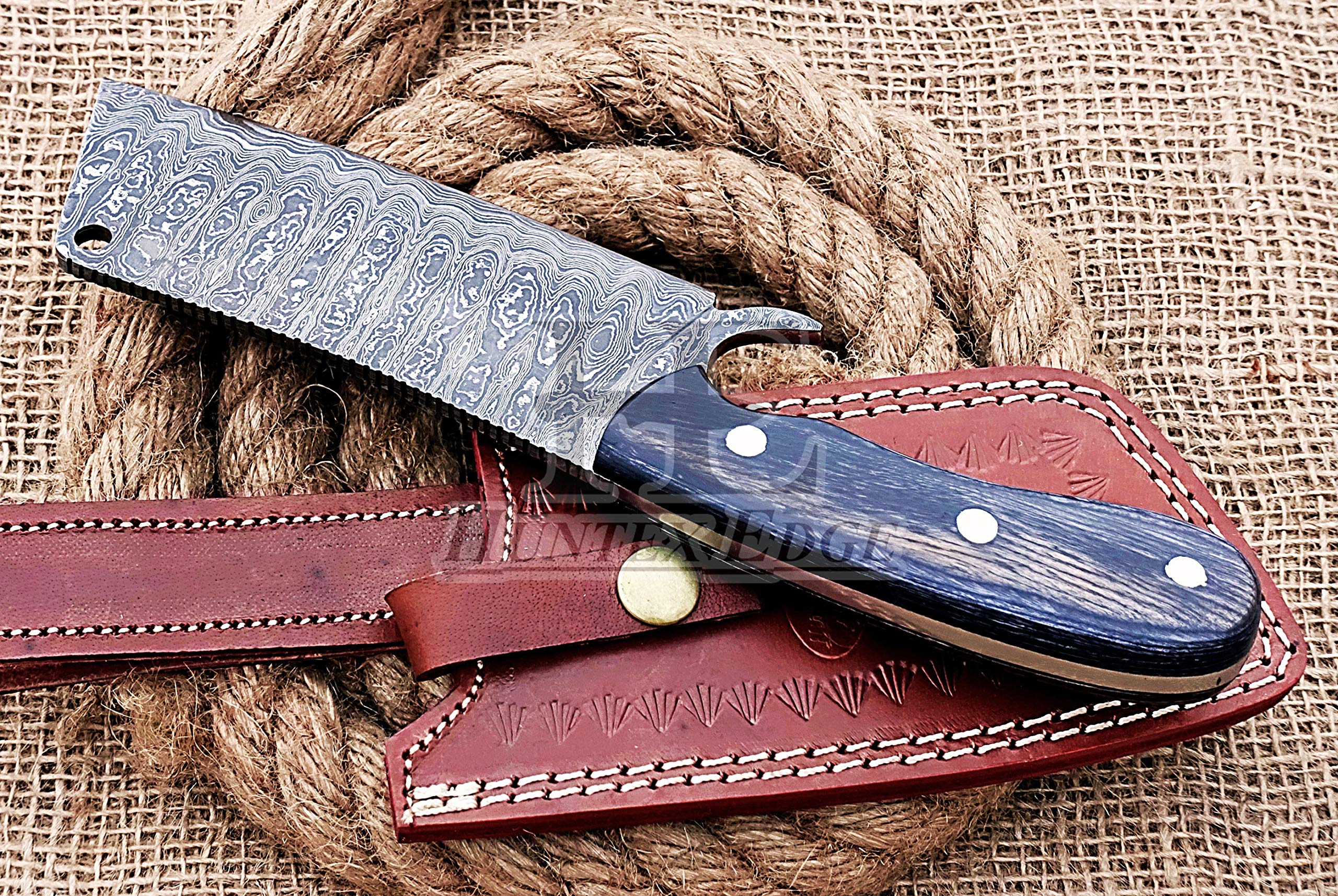 HUNTEX Handmade Hand-Forged Ladder Pattern Damascus Steel 9.5 Inch Long Full Tang Pakka Wood Handle Razor Sharp Hunting Camping Cleaver Knife w/Genuine Leather Sheath