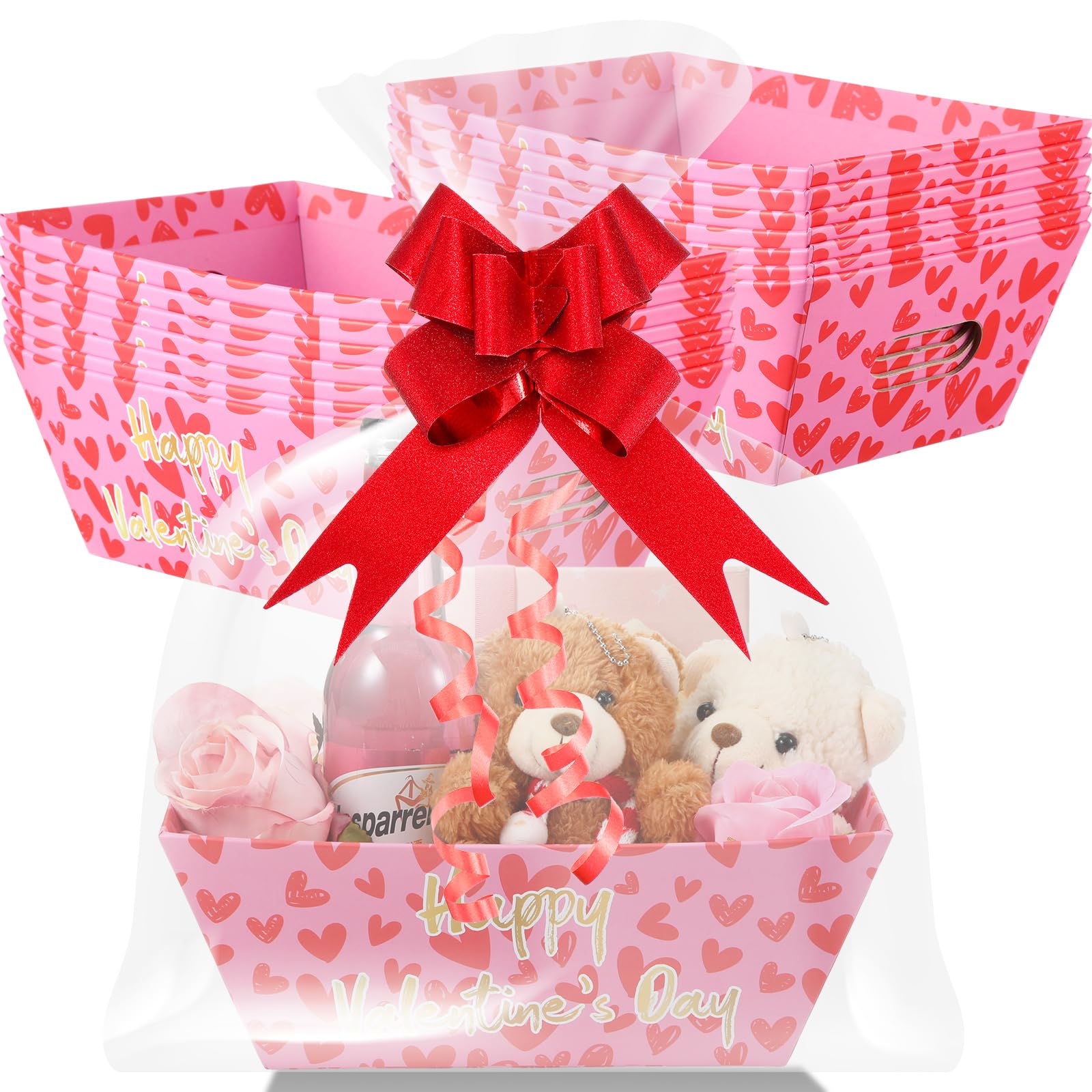 Zhanmai 12 Pcs Happy Valentine's Day Baskets for Gifts Empty with Handles Sturdy DIY Organizing Bulk Gift Medium Red Sturdy Gift Basket Kraft Market Tray Cardboard Basket for Valentine's Day Snacks