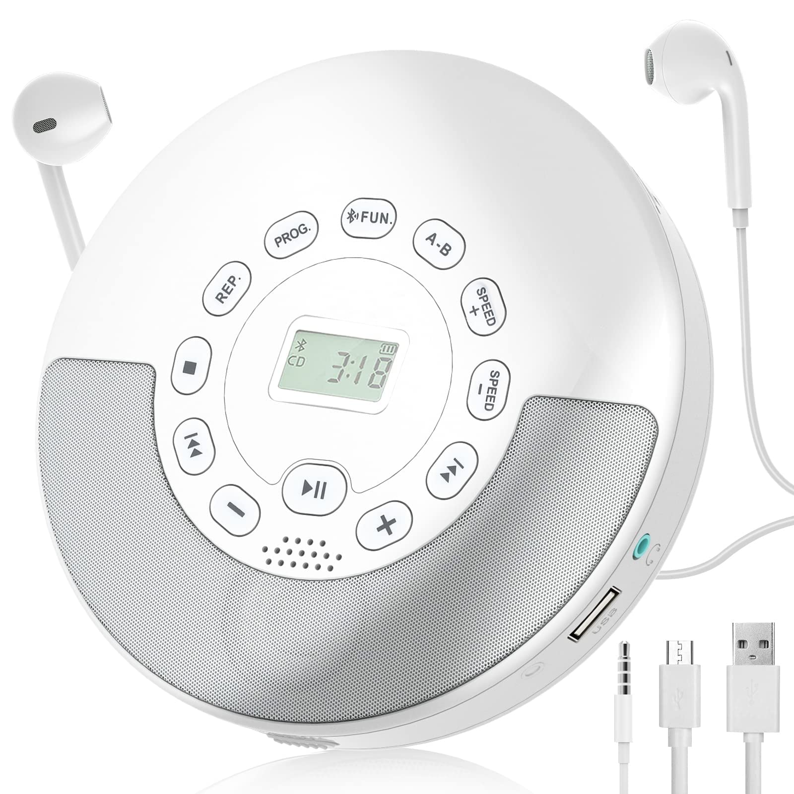 Portable CD Player with Speakers - Bluetooth CD Player Portable,Rechargeable Anti-Skip Walkman CD Music Player for Car/Travel with Headphones and AUX Cable,Home Audio Stereo Speaker,2000mAh Battery