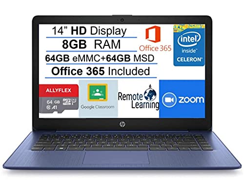 hp Newest Stream 14" HD SVA Laptop Computer, Intel Celeron N4020 Processor, 8GB RAM, 128GB Space(64GB eMMC+64GB MSD), Office 365, HDMI, Bluetooth, Windows 10, Blue, AllyFlex MP, Online Class
