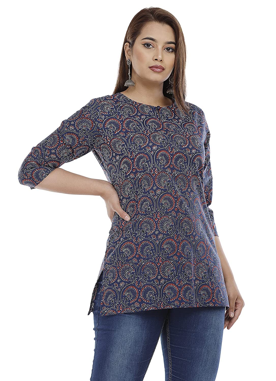 Holy libas Short Kurti for Women's, Blue Printed Straight Cotton Kurta, Round Neck 3/4 Sleeve for Women for Girls (as1, alpha, m, regular, regular, Blue)