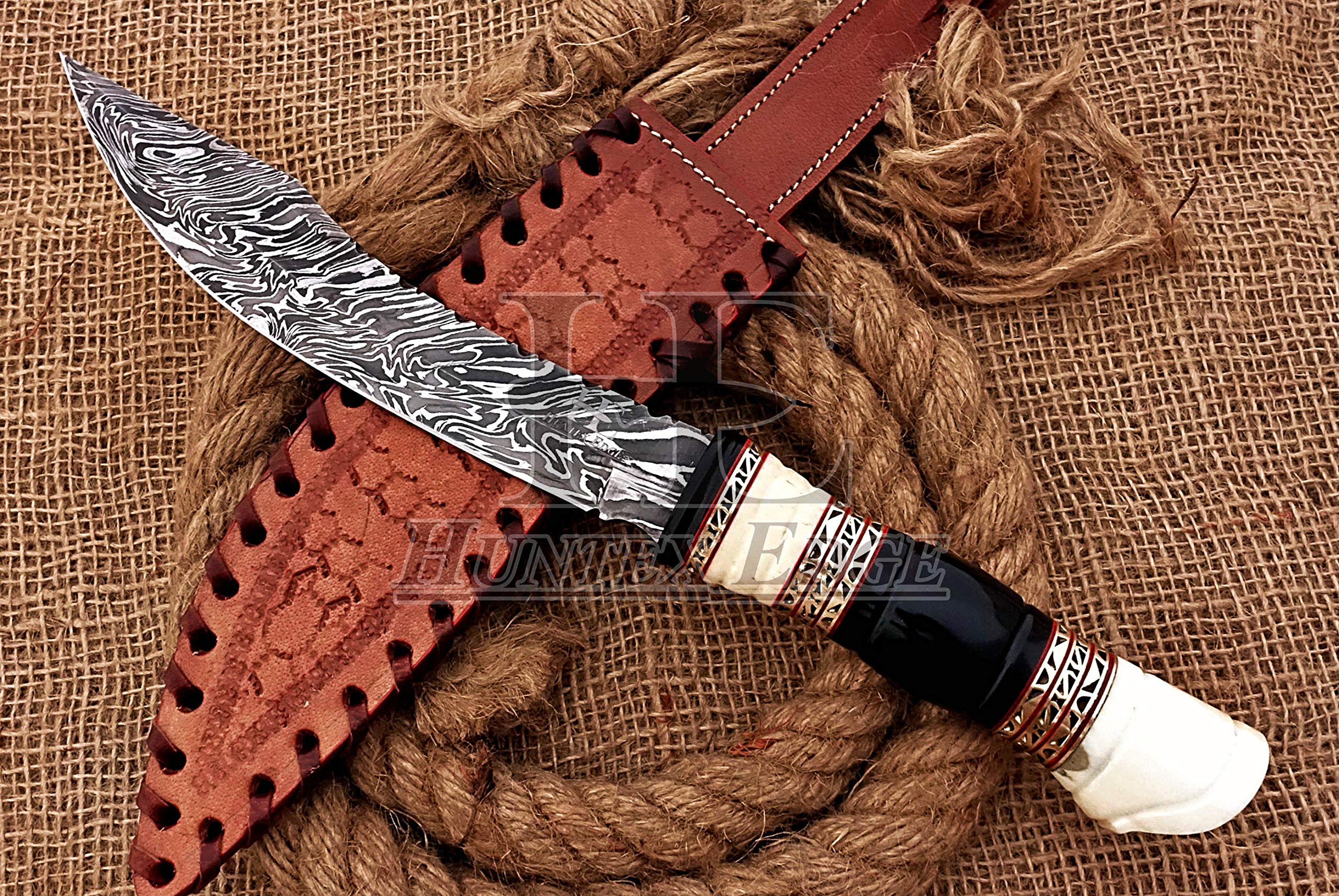 HUNTEX Unique Custom Handmade Hand-Forged Ladder Pattern Damascus Steel 12 Inch Long Full Tang Buffalo Horn Handle Razor Sharp Hunting Camping Spay Point Slicer Knife with Genuine Leather Sheath