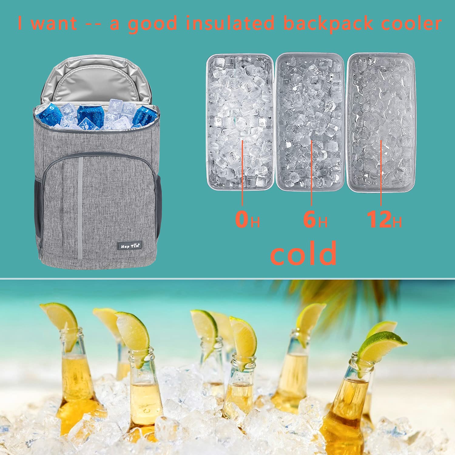 Hap Tim Backpack Cooler Insulated Waterproof Picnic Backpack 30 Can Soft Sided Grey for Beach,Camping,Hiking,Lunch(1002-G)