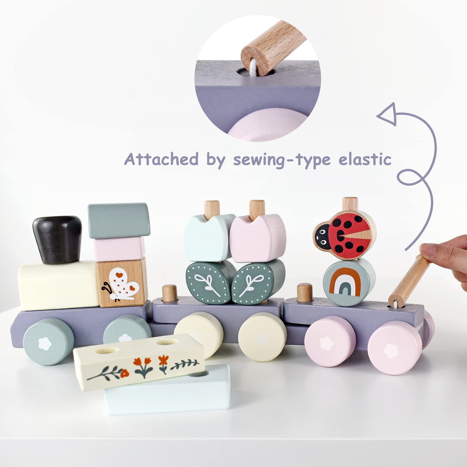 Pillowhale Wooden Stacking Train Toy Set,Wooden Building Blocks Train with Shape Sorter Early Learning Gift for Toddlers Boys Girls 12 Months and up