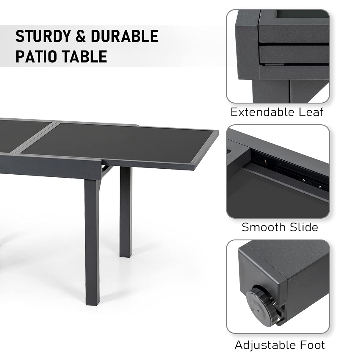 VredHom Patio Aluminum Top Dining Table,53"- 106" Outdoor Extendable Dining Table Backyard Bistro Rectangle Table Outdoor Furniture Garden Adjustable Table (Black)