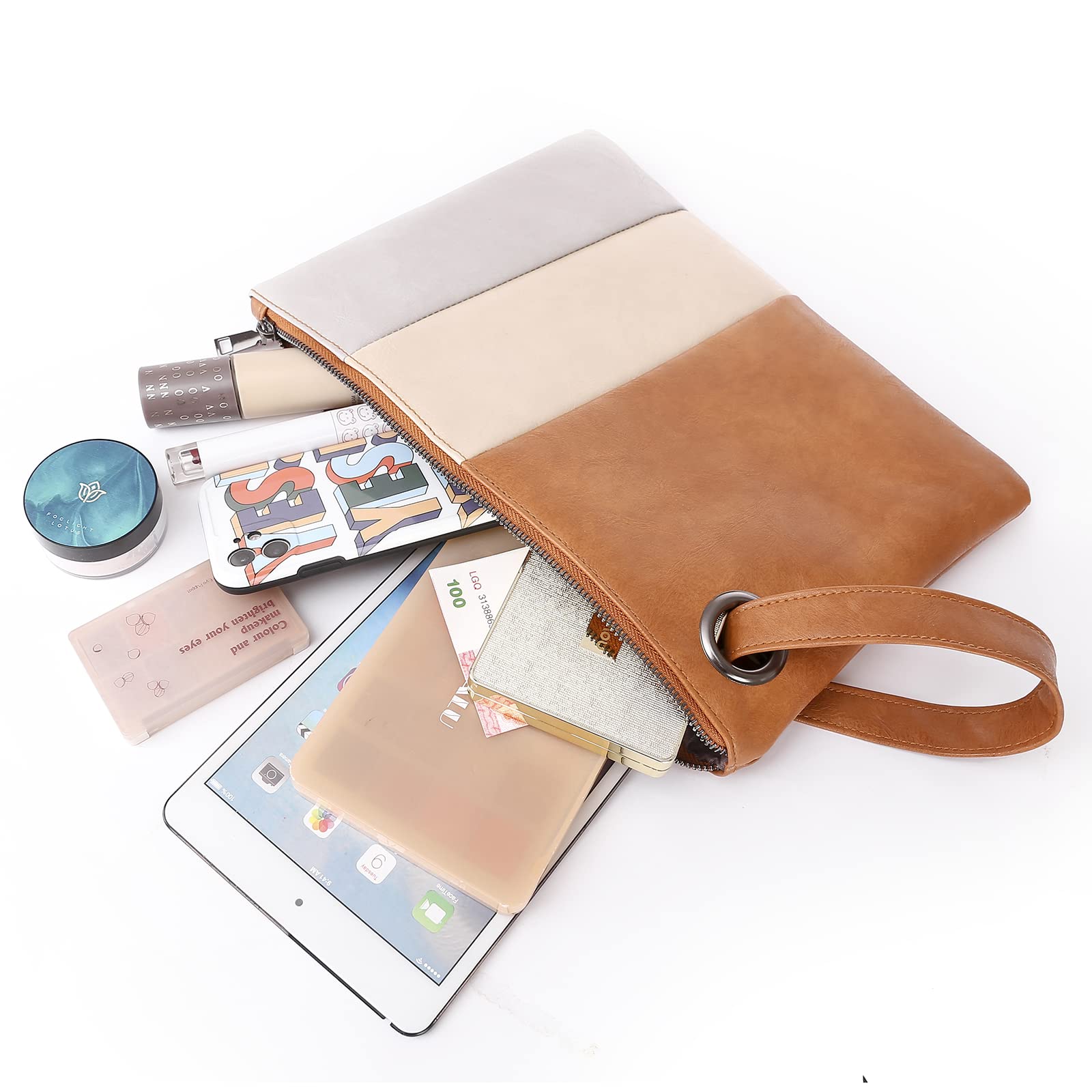 KlaOYer Large Colorblock Soft Pu Leather Wristlet Clutch Bag For Women Designer Large Wallet Evening Purse with Round handle (Brown-White-Grey)