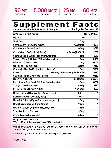 Hair, Skin & Nails Vitamin | 5000mcg Biotin | 165 Softgels | with Collagen | Non-GMO & Gluten Free Supplement | by Nature's Truth