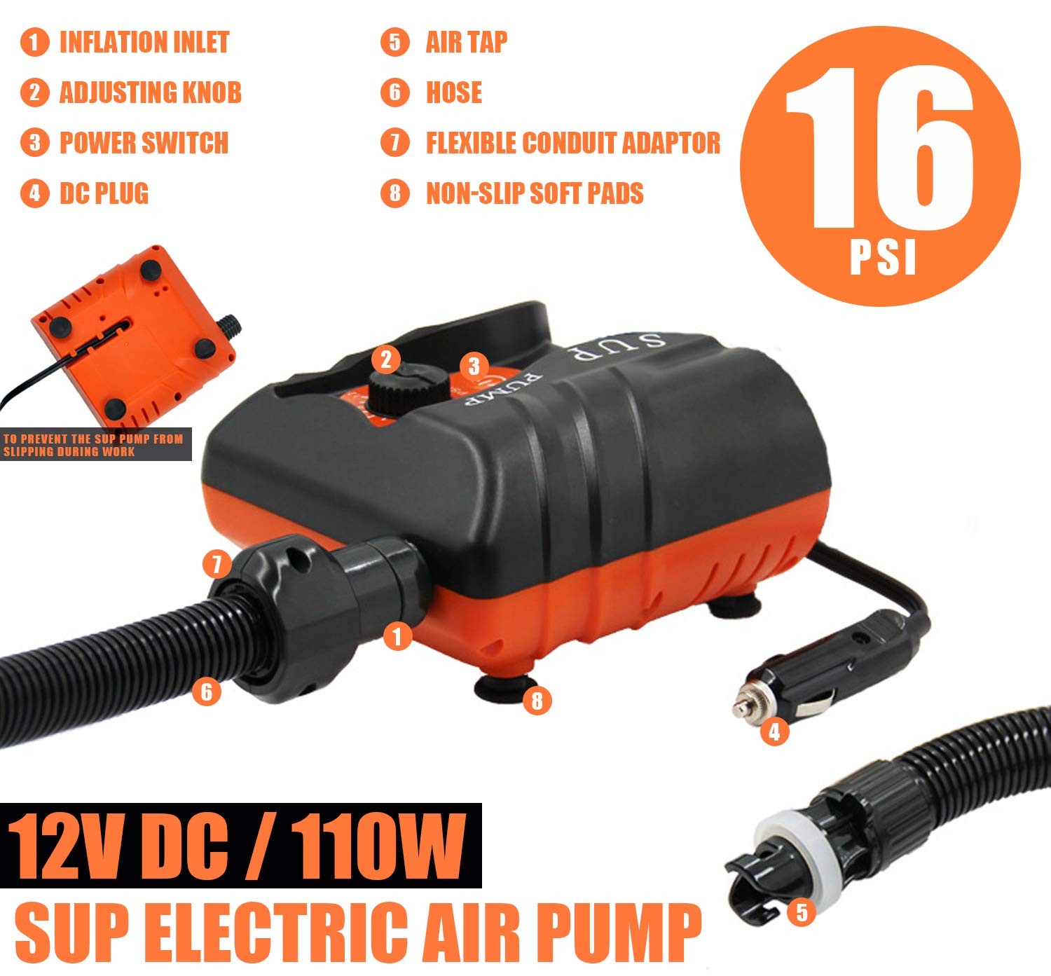 HPDAVV 12V DC 110W 16PSI High Pressure SUP Pump Electric Inflatable Paddle Board air Pump for Stand Up Paddle Board,Inflatable Boats/Tent/Kayak