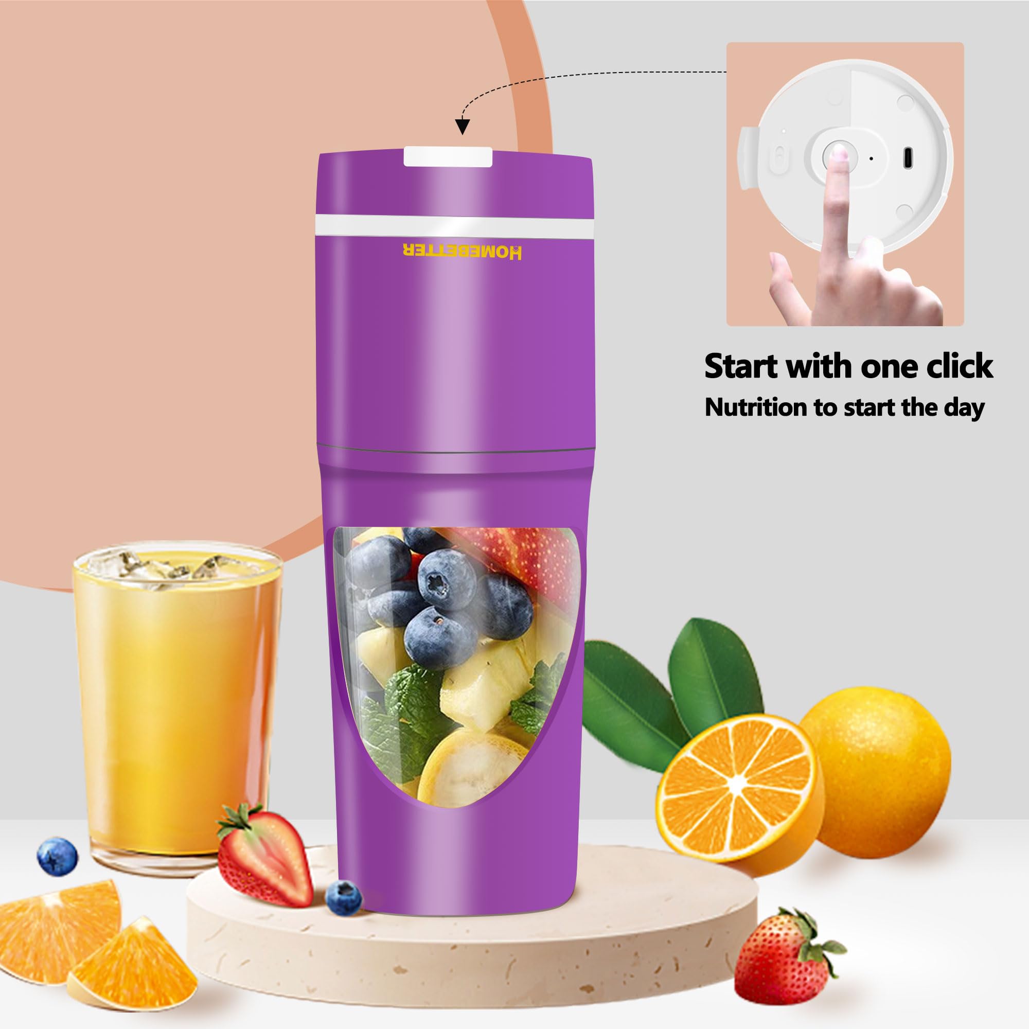 HOMEBETTER Portable Blender,USB Rechargeable Blender with 3000mAh Battery and 13.5 Oz Capacity Bottle BPA-Free, Mini Portable Blender for Shakes,Smoothies,Vegetable,Juice,Purple.