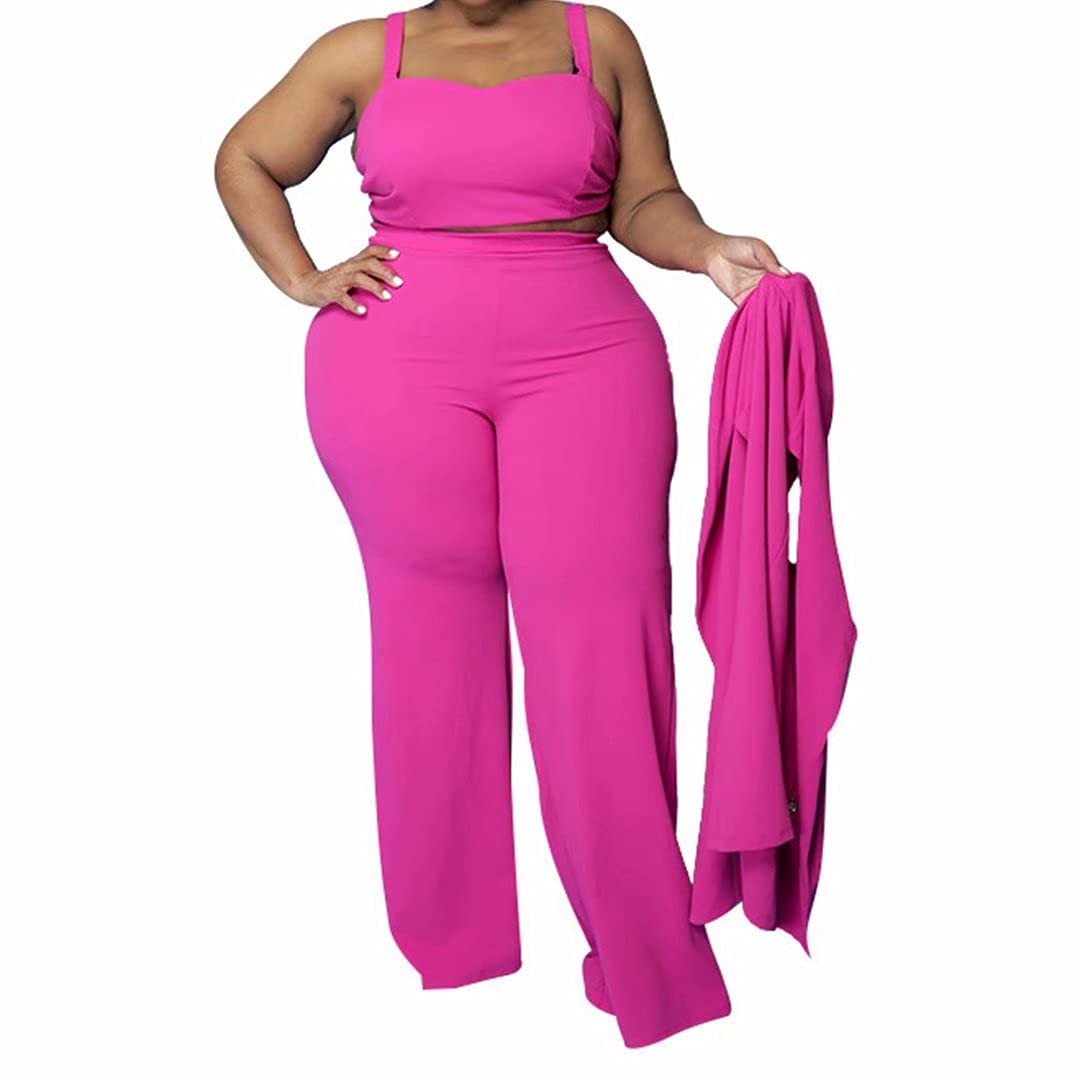IyMoo Plus Size 3 Piece Sweatsuits for Women - Sleeveless Blazer,Tank Crop Top and Wide Leg Pants Set Rose Red 2X