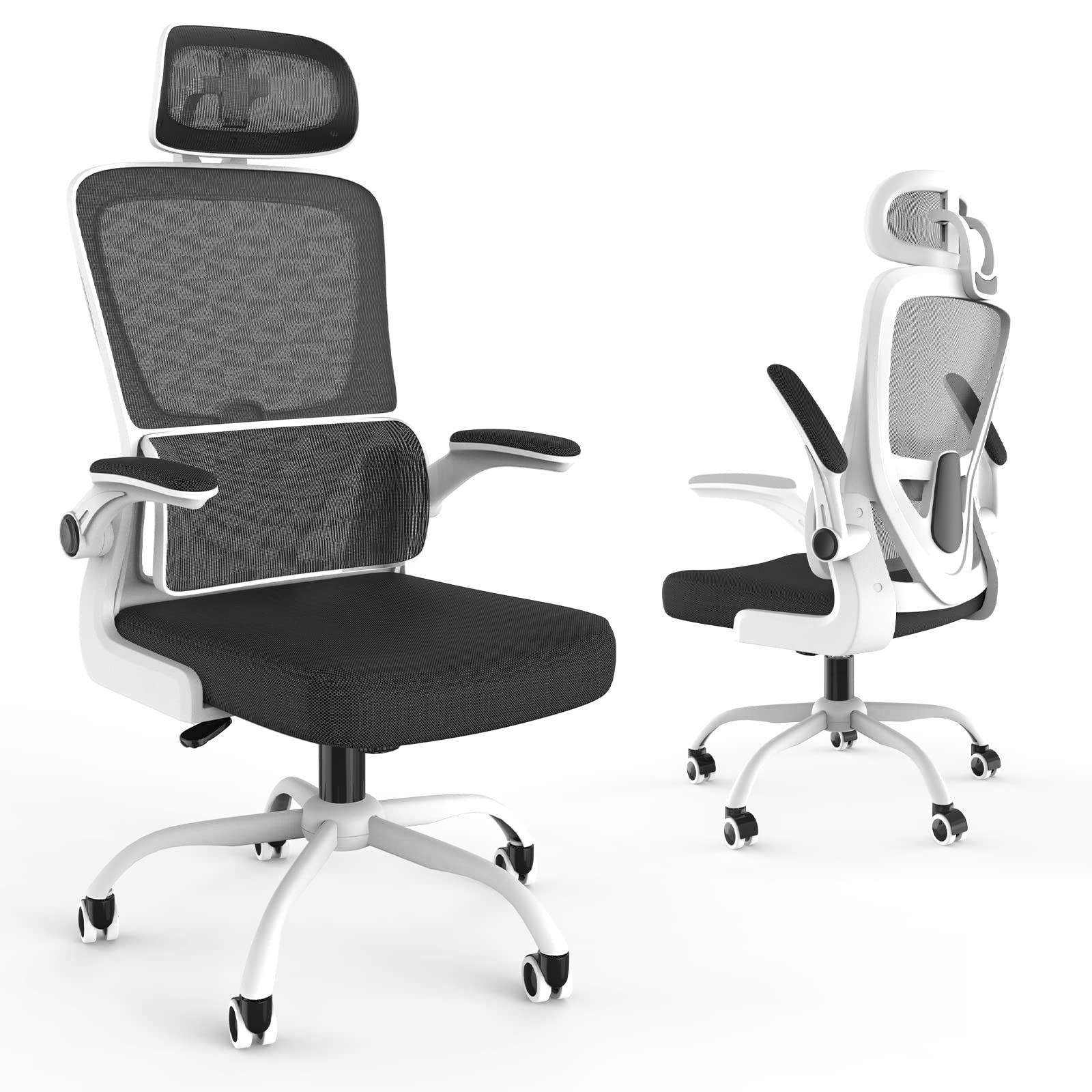 Home Office Desk Chairs Ergonomic Chair with Lumbar Support Flip Up Arms Mesh Computer Chair with Comfortable Wide Seat Adjustable Headrest (White)