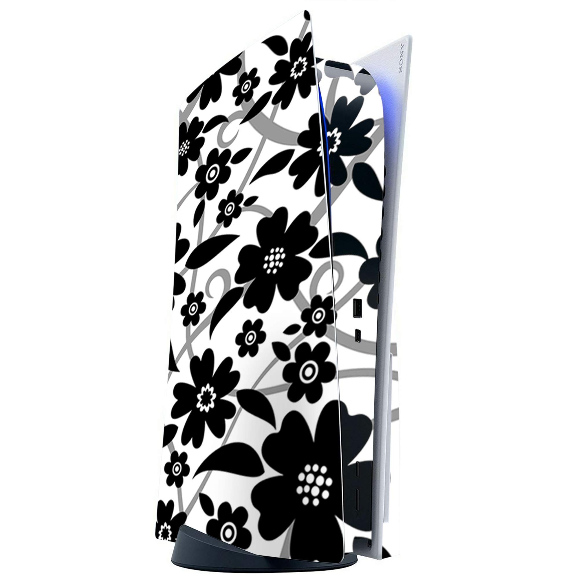 ITS A Skin Skins Compatible with Sony Playstation 5 Console Disc Edition - Protective Decal Overlay Stickers wrap Cover - Black White Flower Print