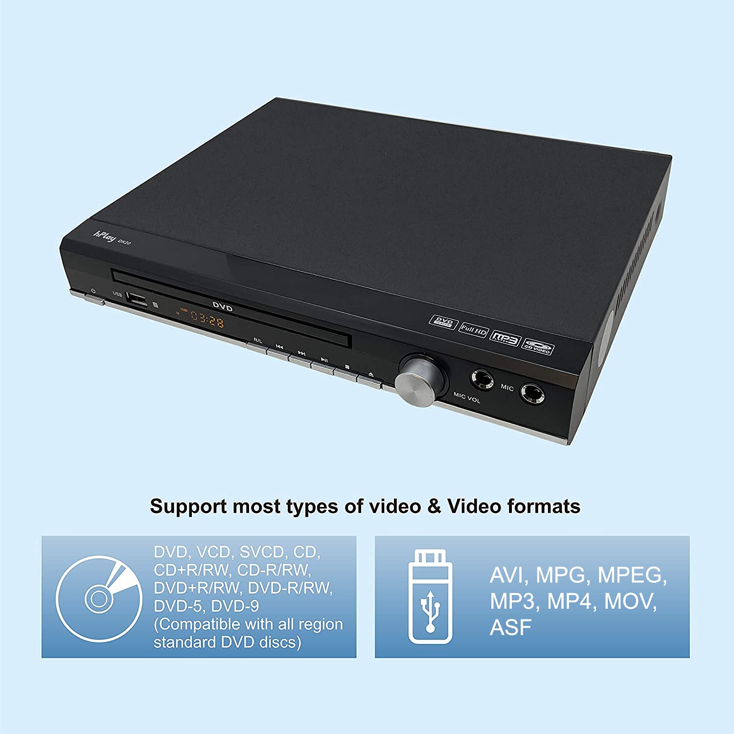 hPlay D20K Upconvert to 1080P DVD, CD Multimedia Player, Region Free, HDMI and RCA Output, USB Port, 2 Microphone Input with Microphone Volume Control (Microphone NOT Included), Top Metal Casing