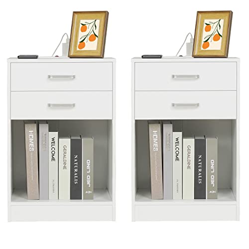 Tiptiper Nightstand Set of 2 with Charging Station, White Night Stands for Bedroom, End Table Side Stand Cabinet, Bedside Table with Drawers