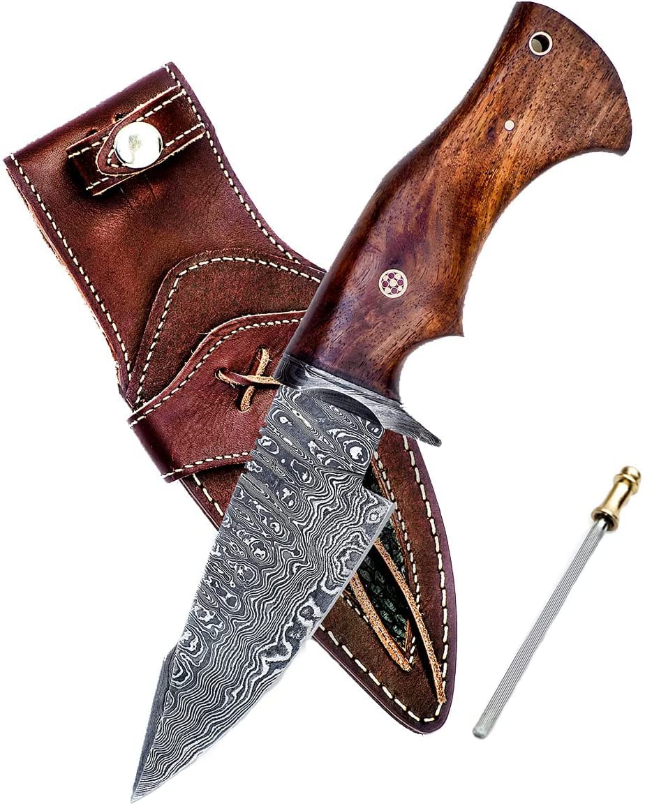Hunting Knife 10-Inch Handmade Damascus knife & Blade Sharpener | Fixed Blade Knife with Sheath | Survival Knife with Non-Slip Walnut wood Handle | Tactical knife for self defense